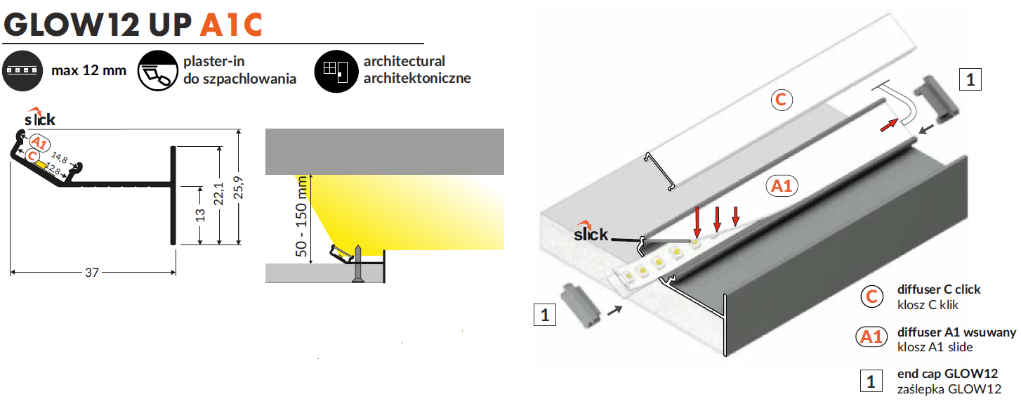 LED profile GLOW12 UP A1C 2000 white painted / white \ 2 m - Clarumled