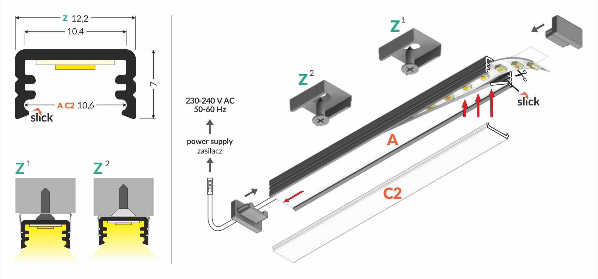 LED profile SLIM8 AC2/Z 3000 raw alu. / raw aluminum \ 3 m - Clarumled