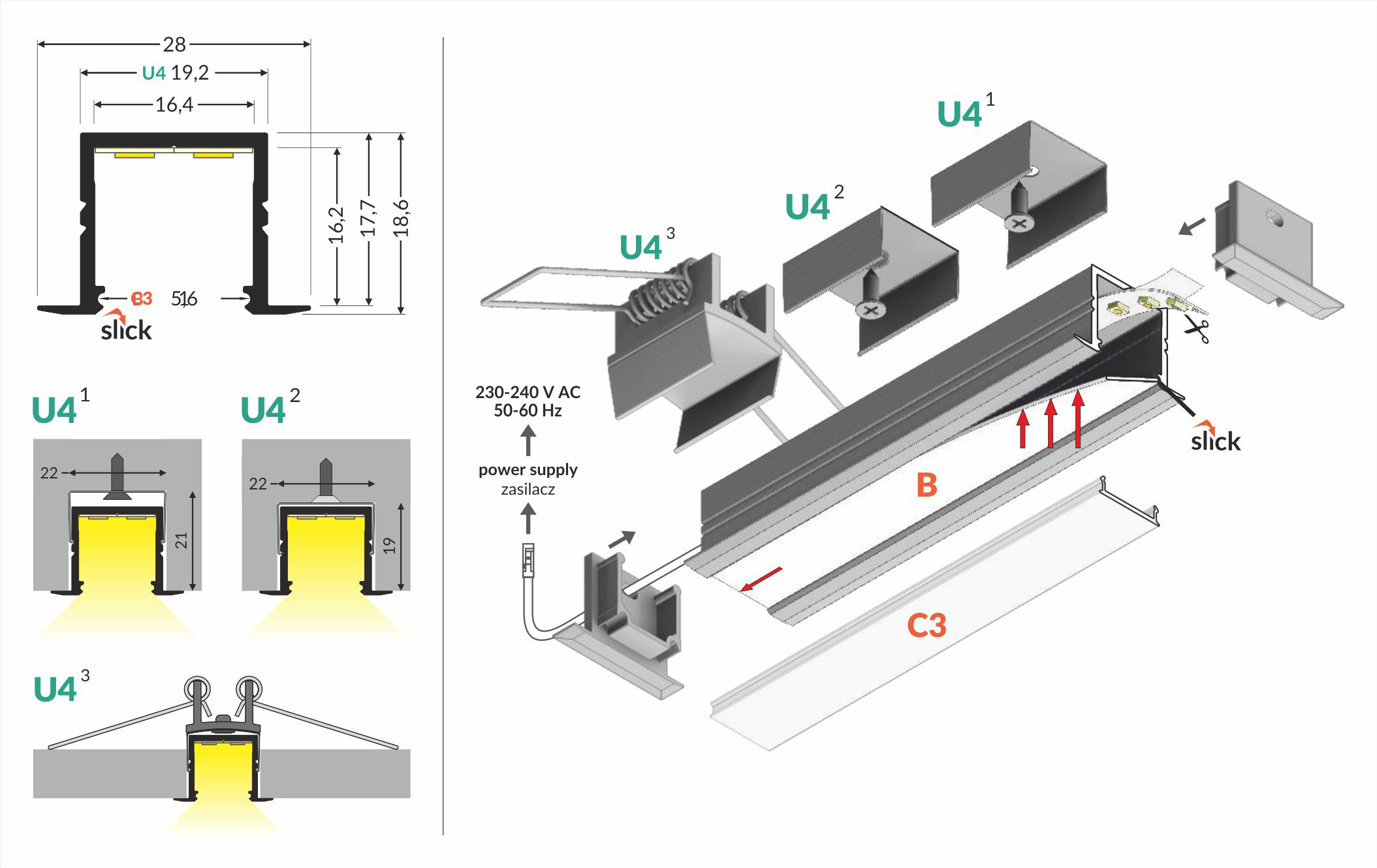 LED profile SMART-IN16 BC3/U4 4050 anod. / 4 m \ silver - Clarumled